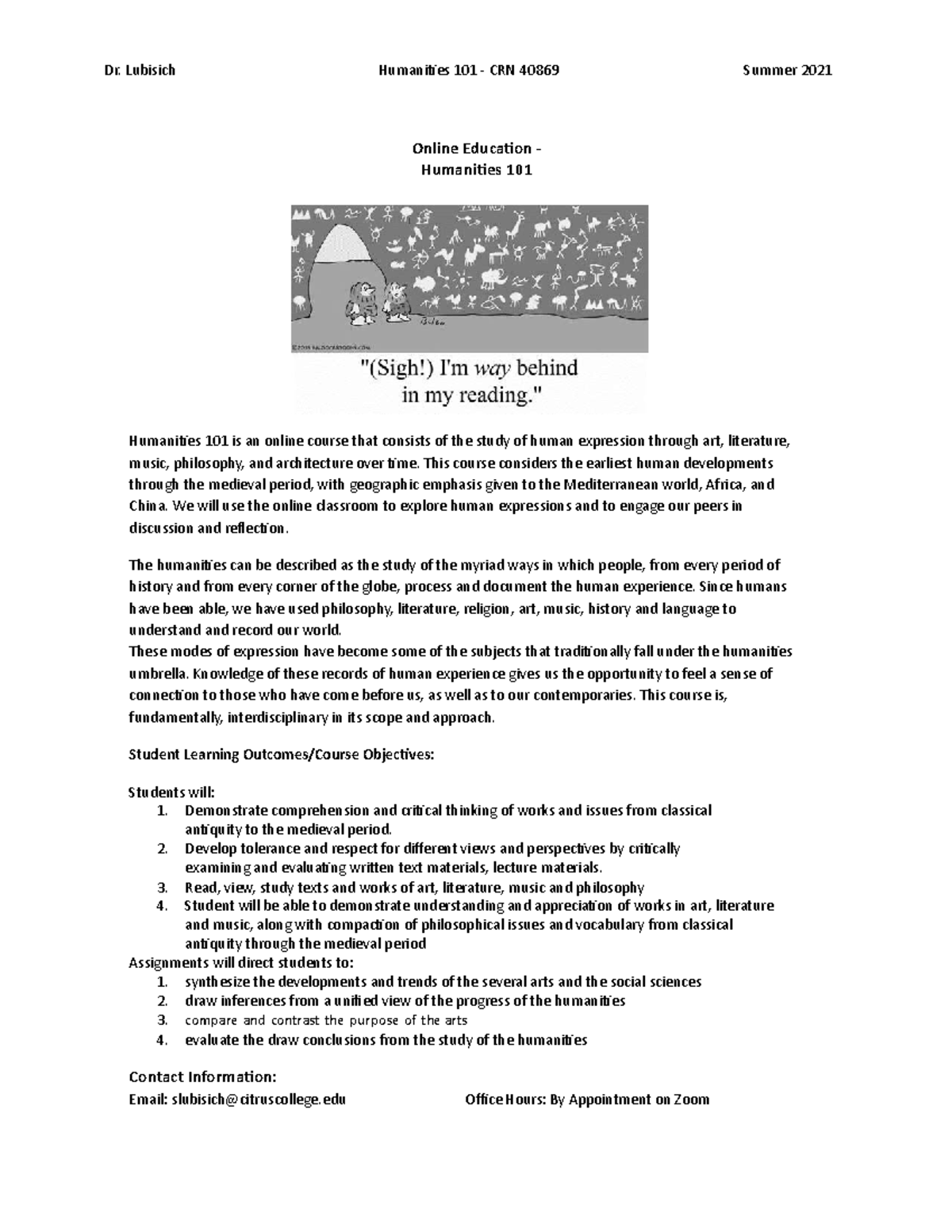 Lubisich Hu101 40869 Su21-1 - Online Education - Humanities 101 Humanities 101 is an online ...
