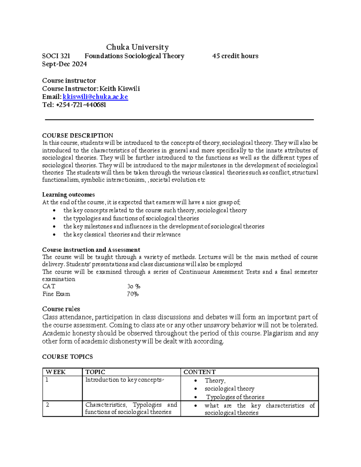 Merged Classical Sociological Theory - Chuka University SOCI 321 Foundations Sociological Theory ...
