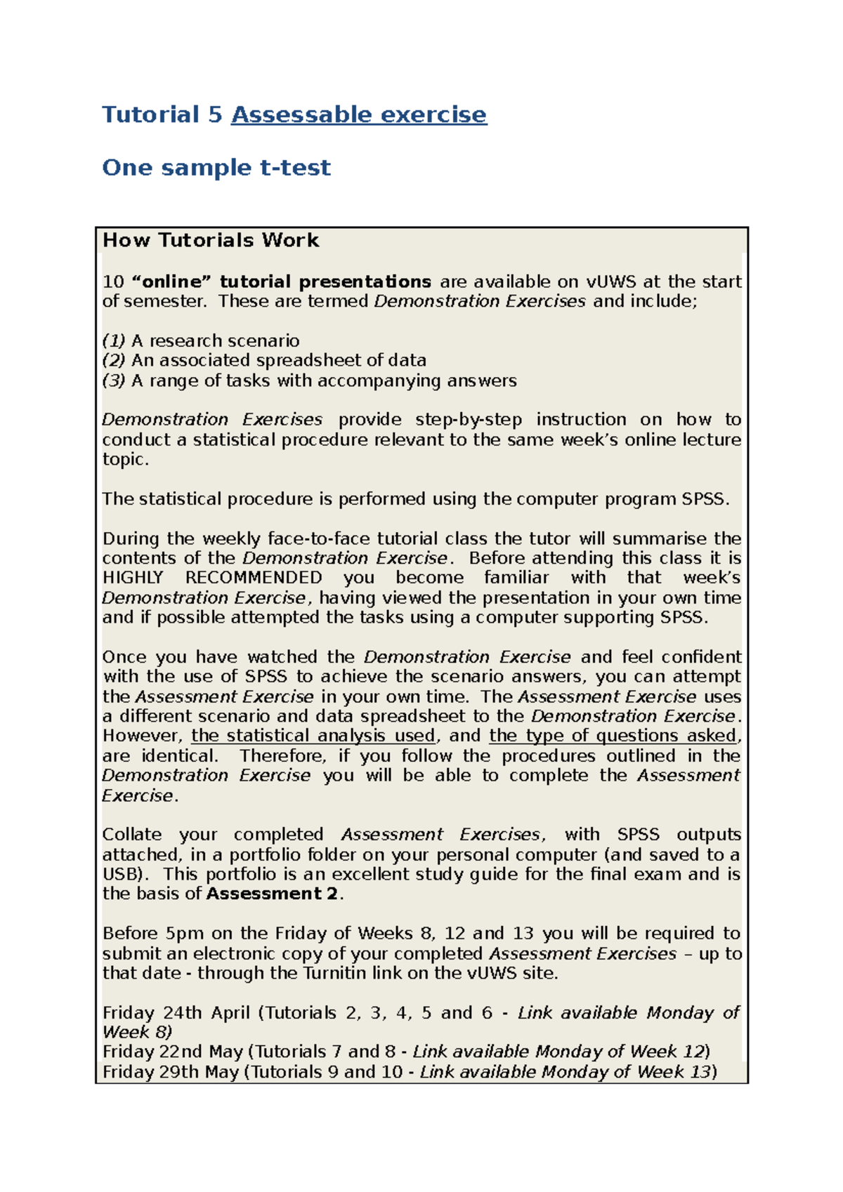 Answer sheet week 6 - Tutorial 5 Assessable exercise One sample t-test ...