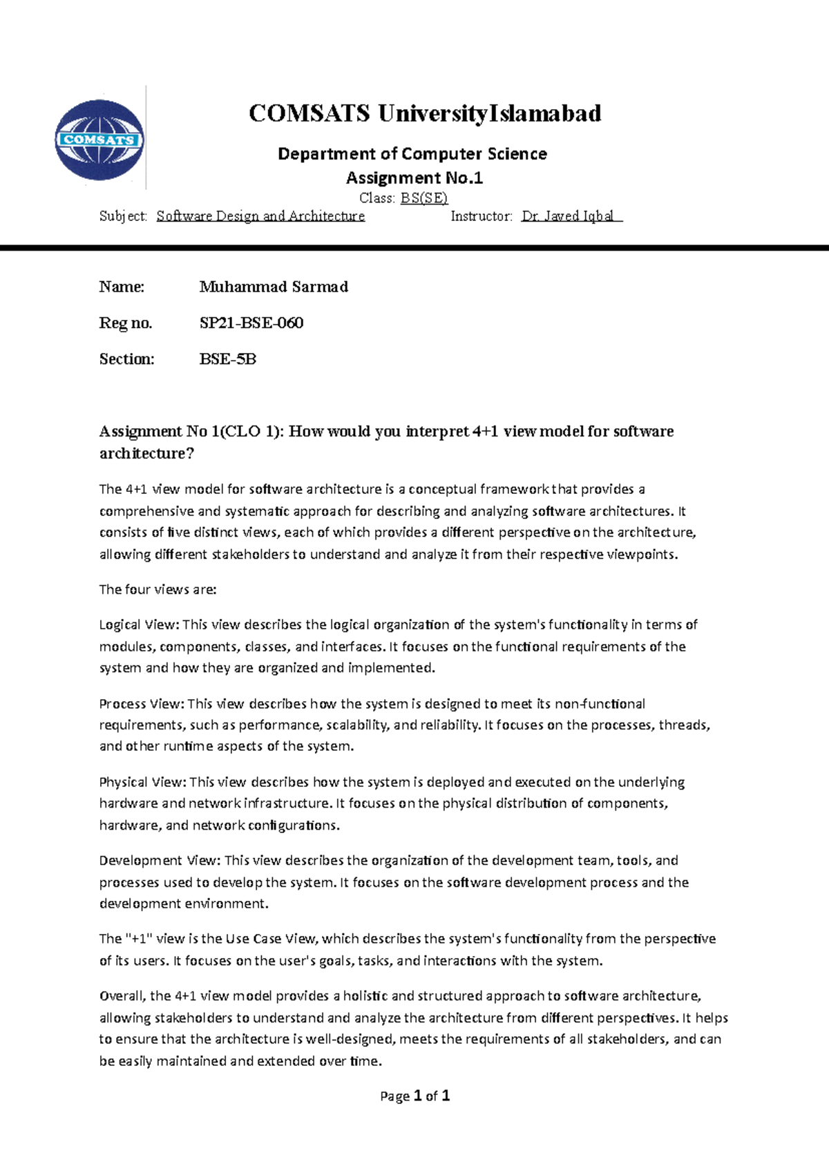 SDA Assignment 1 - COMSATS UniversityIslamabad Department of Computer ...