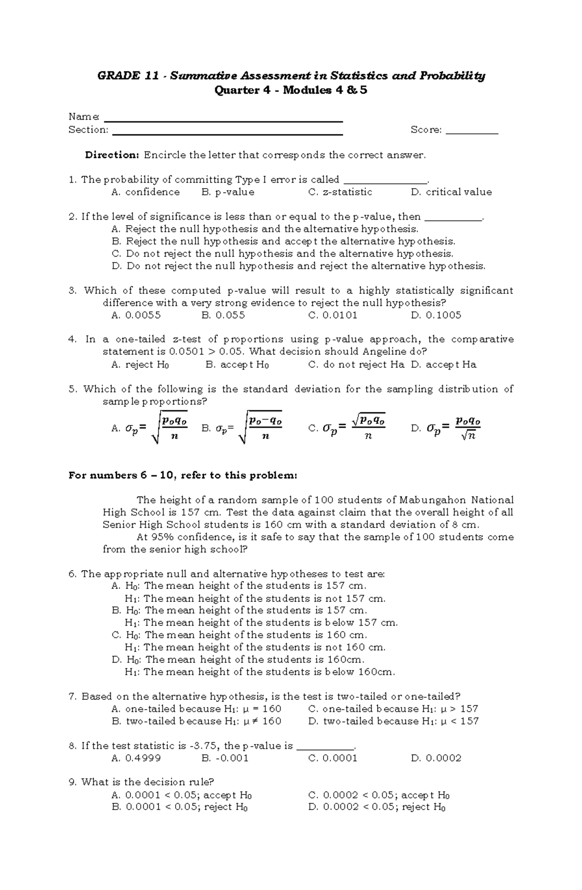 Stat-Prob-11 Q4 Summa 45 - GRADE 11 - Summative Assessment in ...