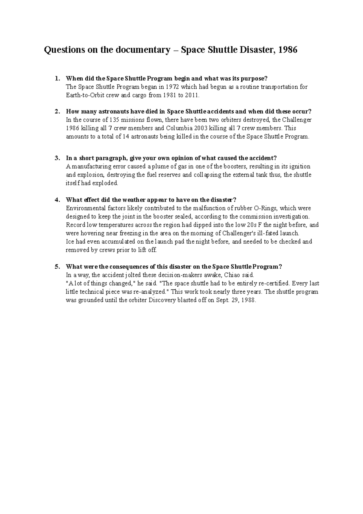 Space Shuttle Accidents 1986 Questions - Questions on the documentary ...