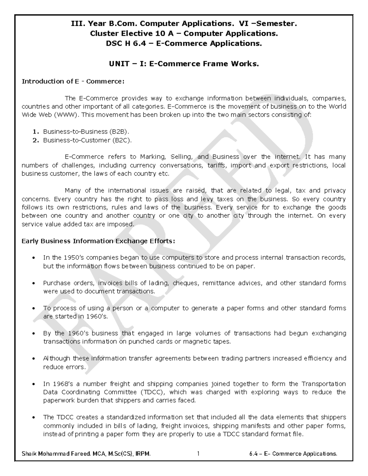E-commerce b.com 6thsem - III. Year B. Computer Applications. VI – Semester. Cluster Elective 10 ...