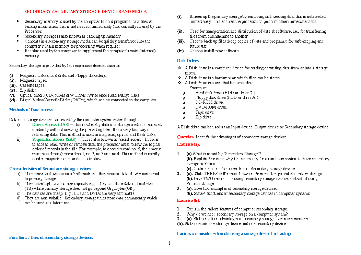 Storage Devices - Basic Computer Skills as a Common Unit. - SECONDARY ...