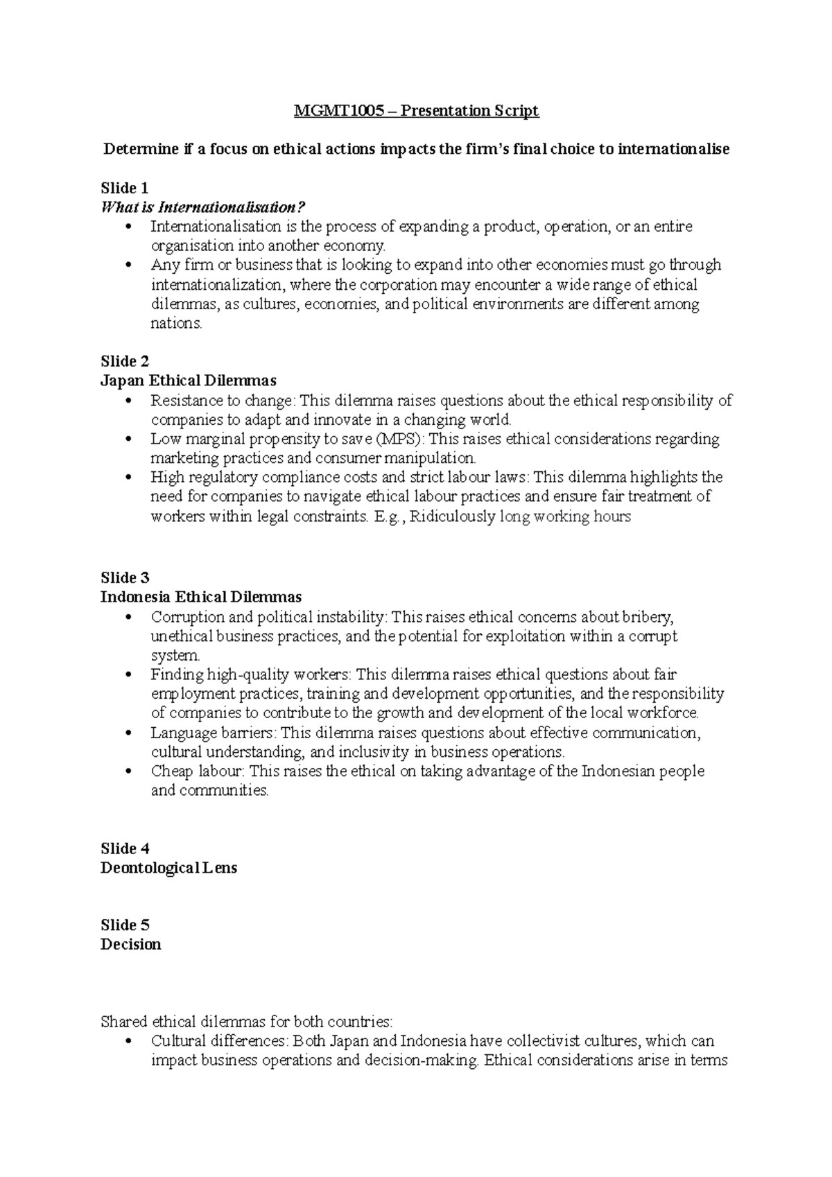 MGMT1005 - Preso Script - MGMT1005 – Presentation Script Determine if a ...