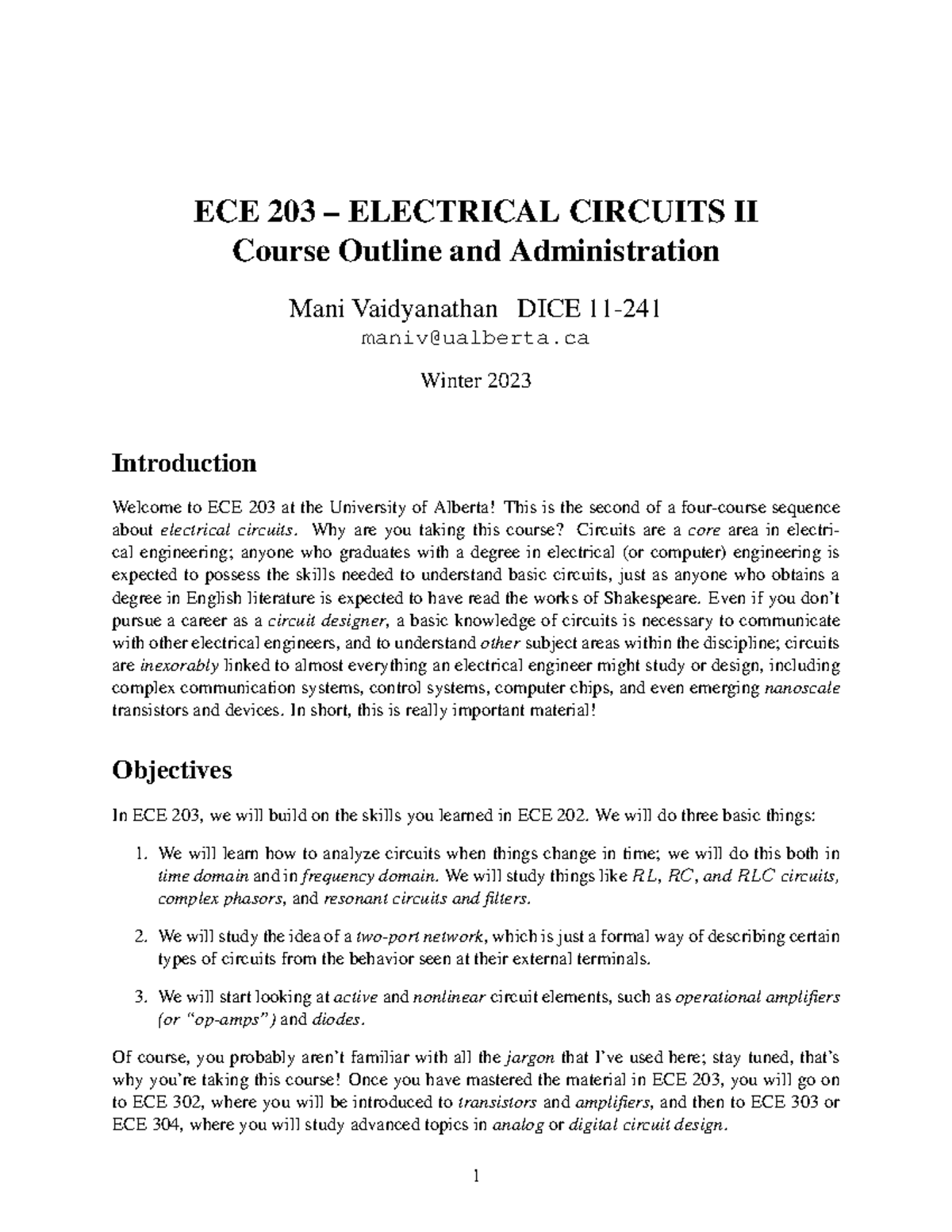 Course outline - ECE 203 – ELECTRICAL CIRCUITS II Course Outline and ...