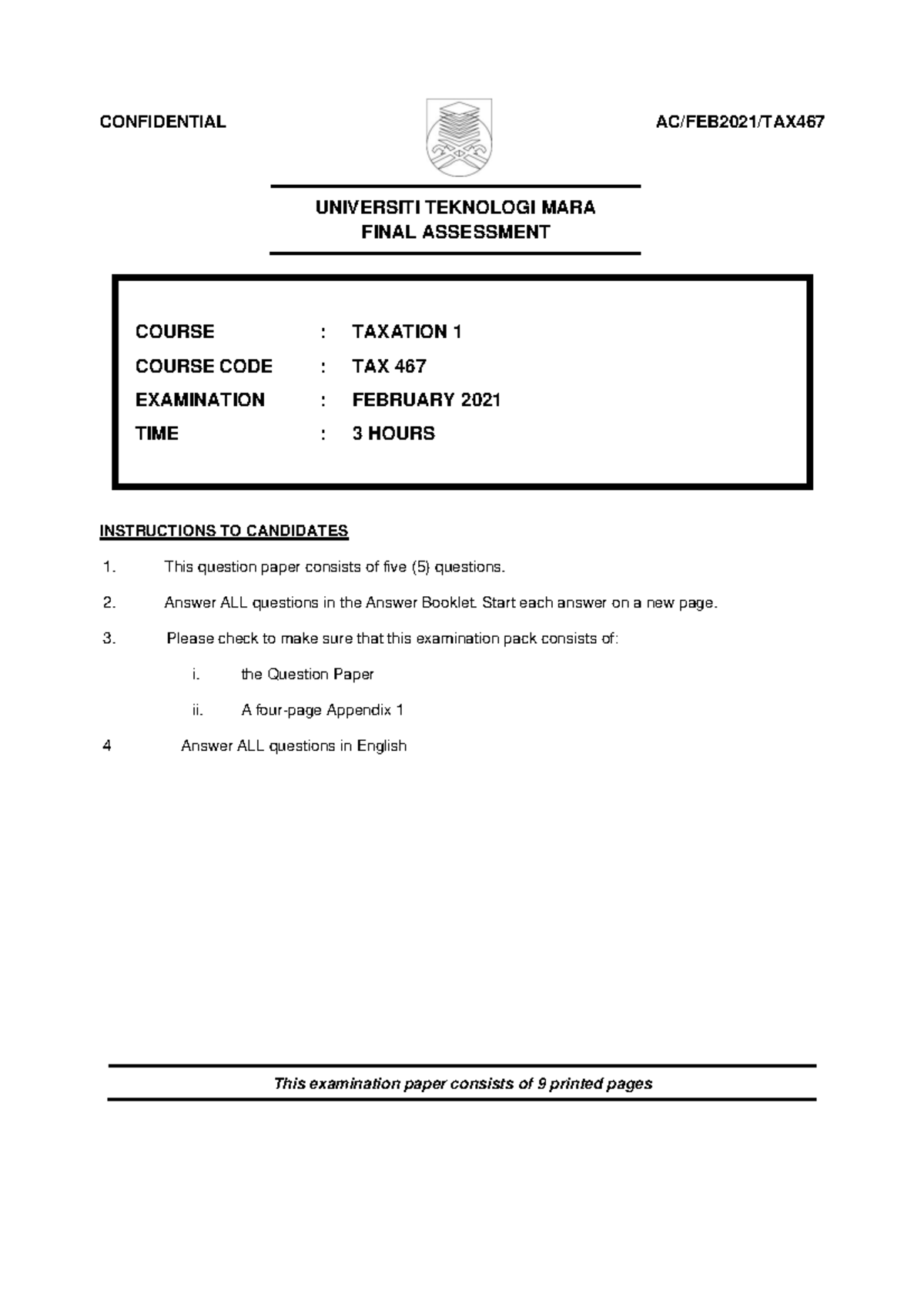 TAX 467 QQ Final Exam Practice FEB 2021 SET 1 - UNIVERSITI TEKNOLOGI ...