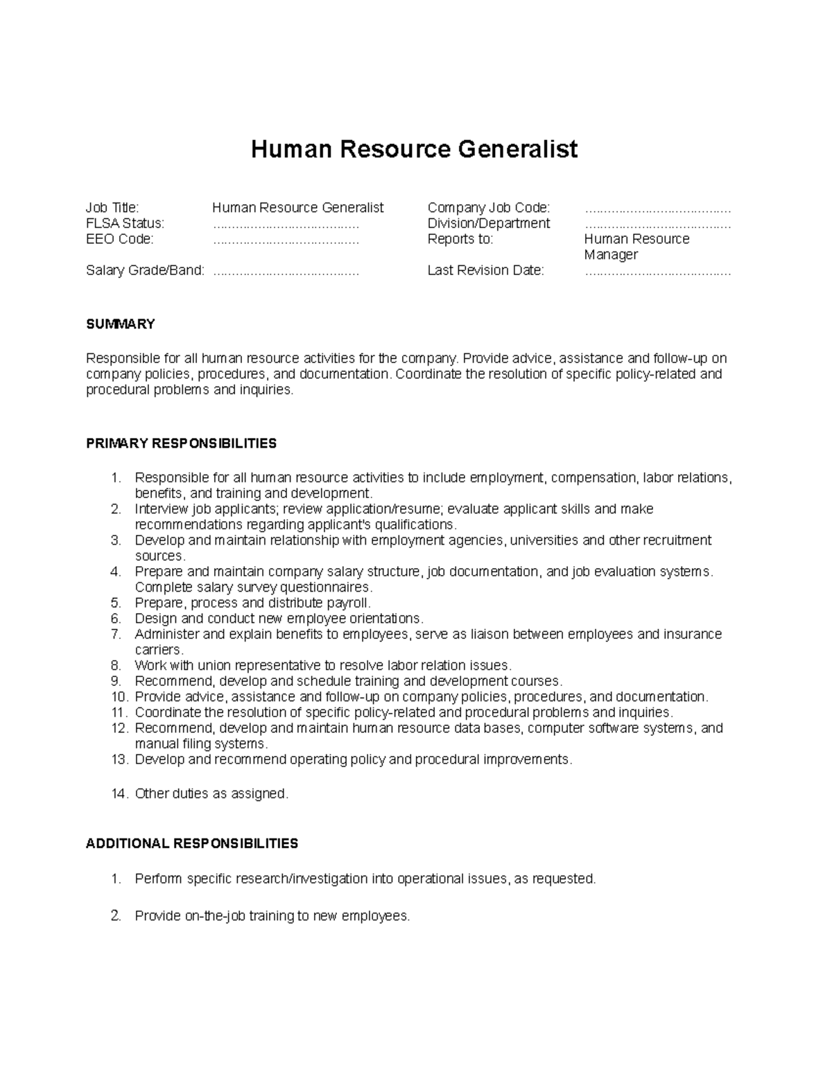 Hum Res Generalist - Human Resource Generalist Job Title: Human ...