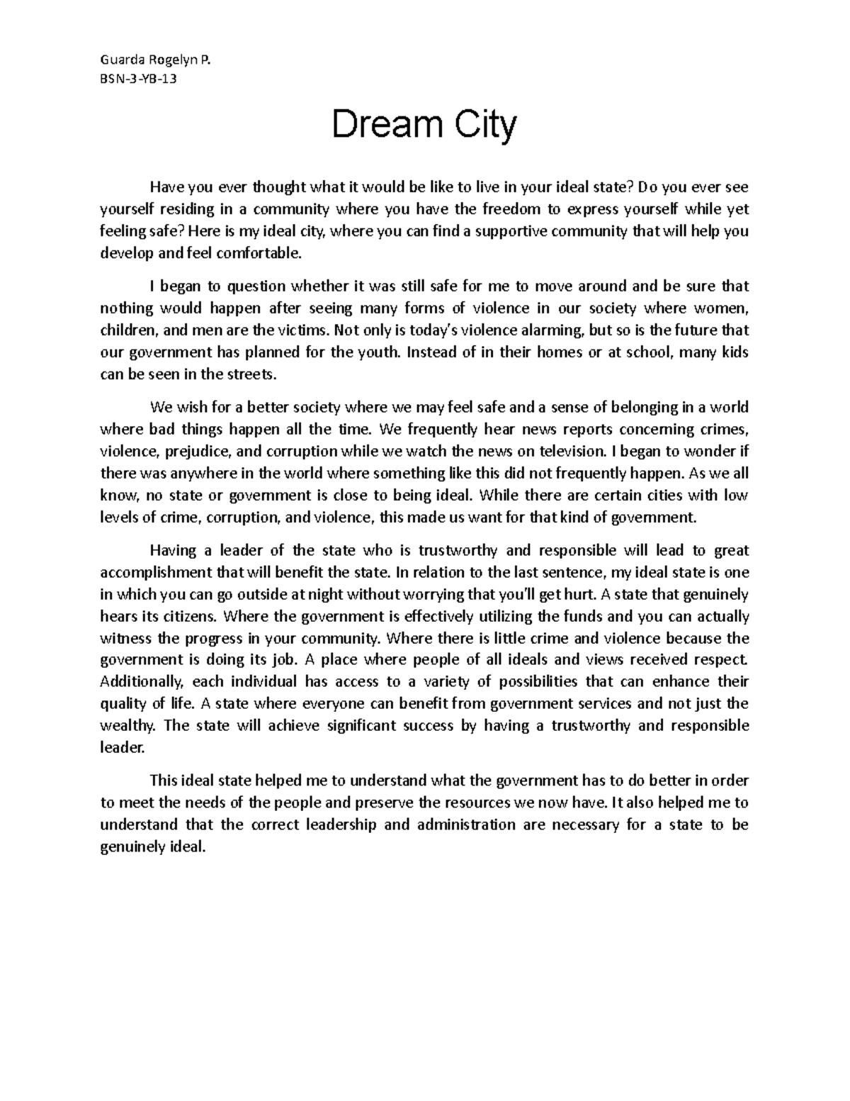 Ideal state - activity - Guarda Rogelyn P. BSN-3-YB- Dream City Have ...