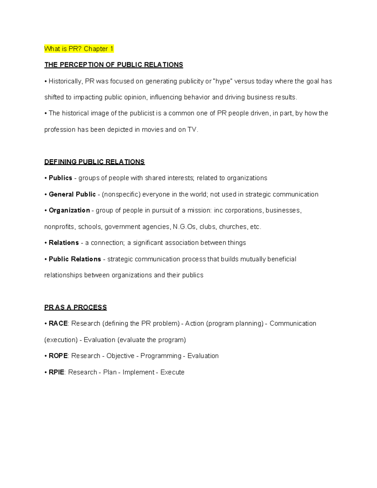 SCOM 260 (PR) Exam 1 Outline - What is PR? Chapter 1 THE PERCEPTION OF ...