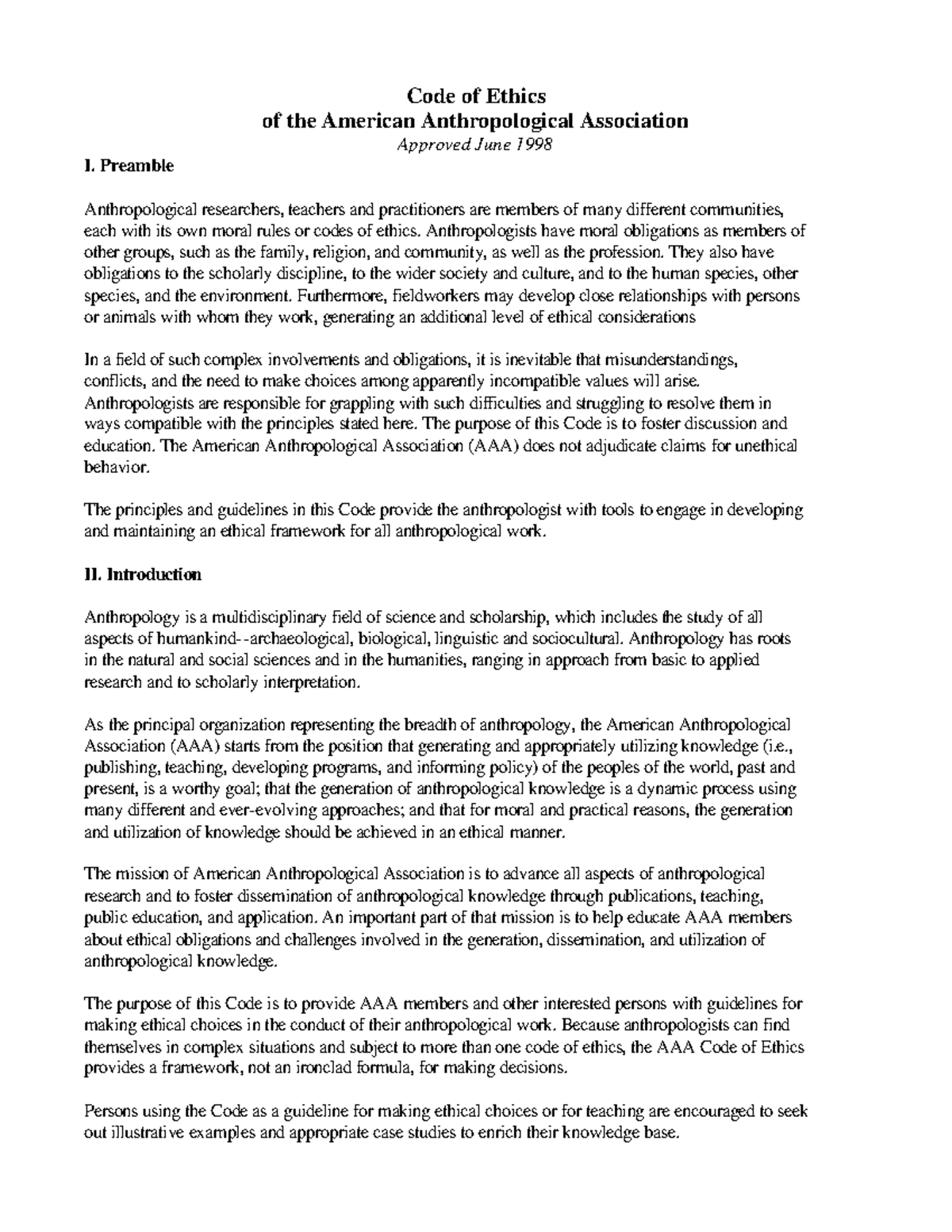 Code of Ethics of the American Anthropolocical Association - Code of ...