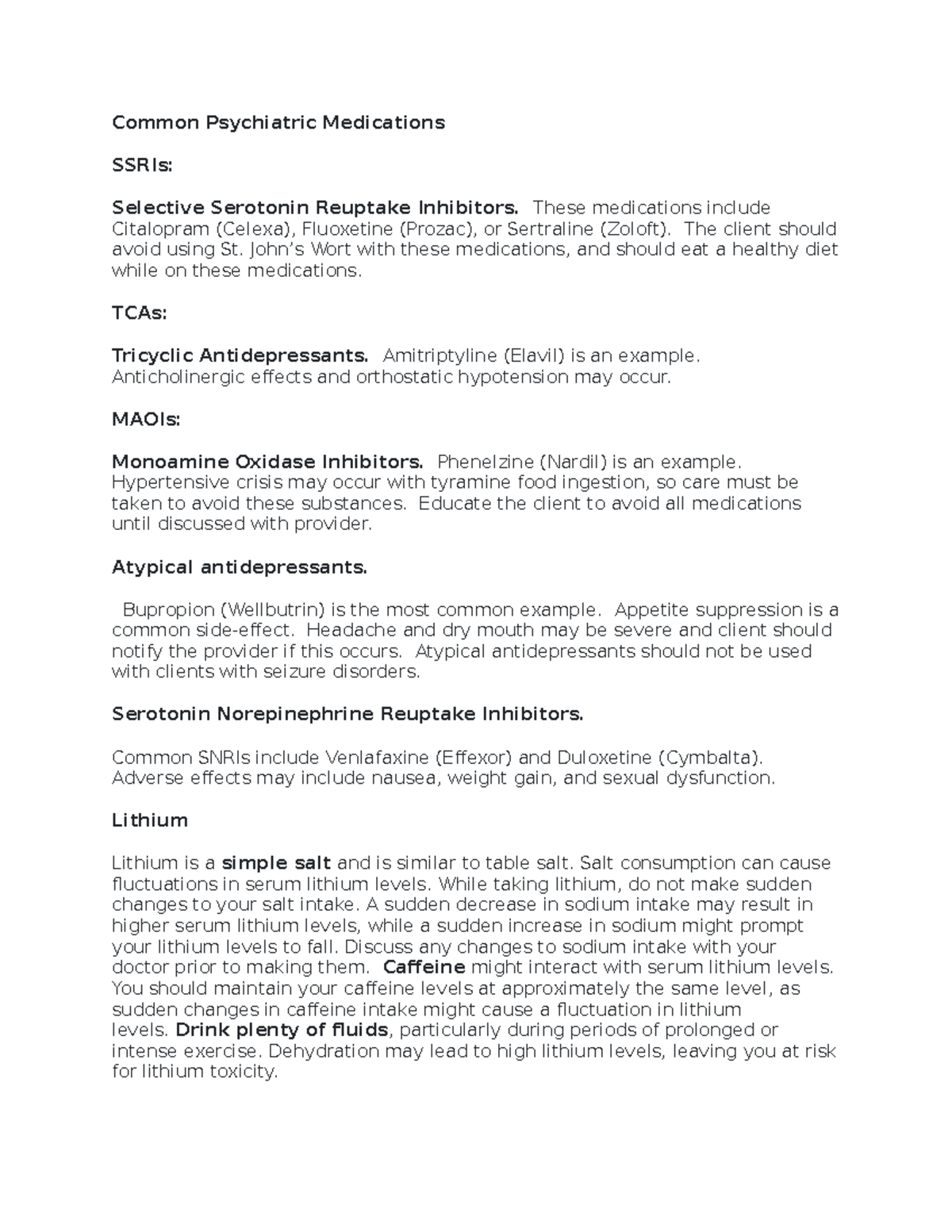 Common Psychiatric Medications - Common Psychiatric Medications SSRIs ...