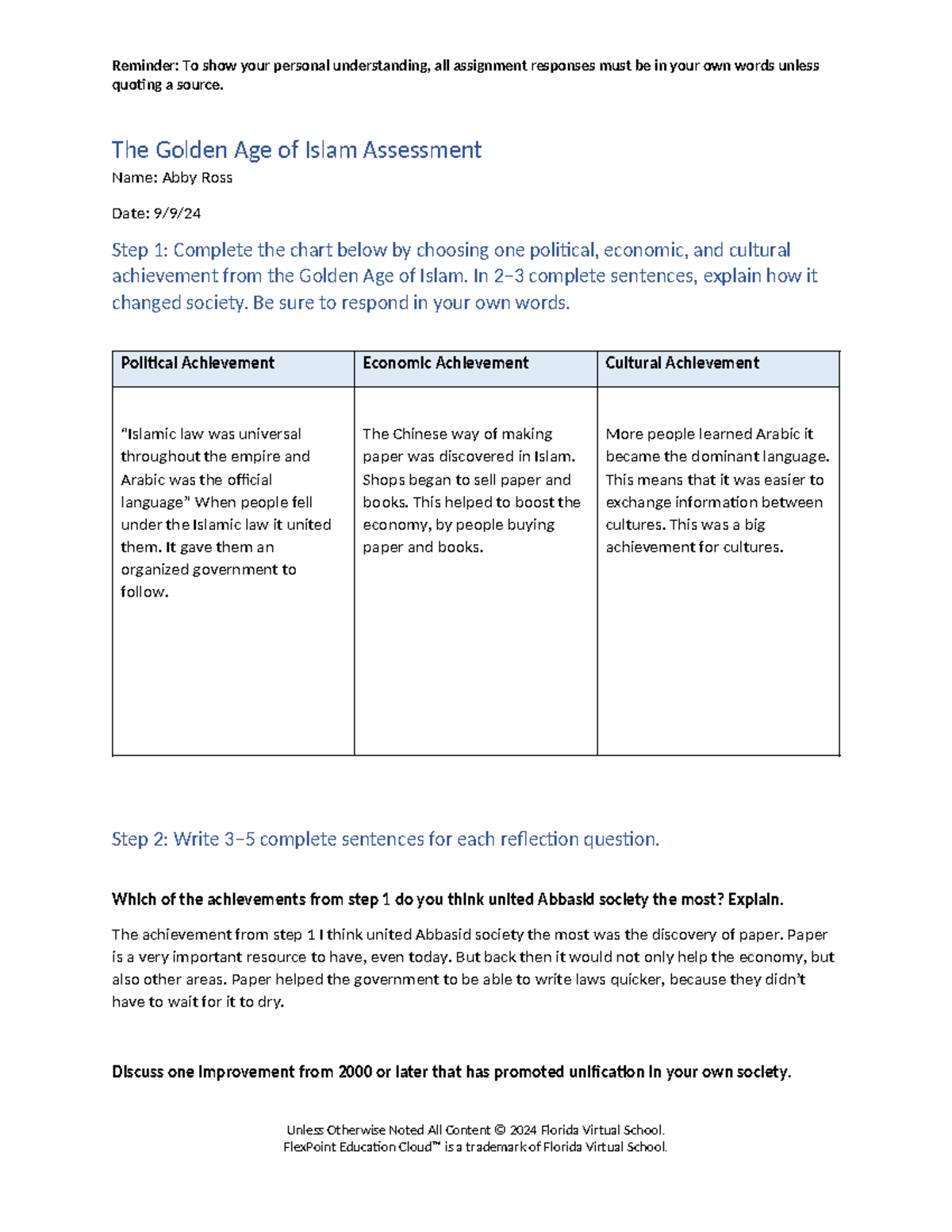 The golden age of Islam assessment - Reminder: To show your personal ...