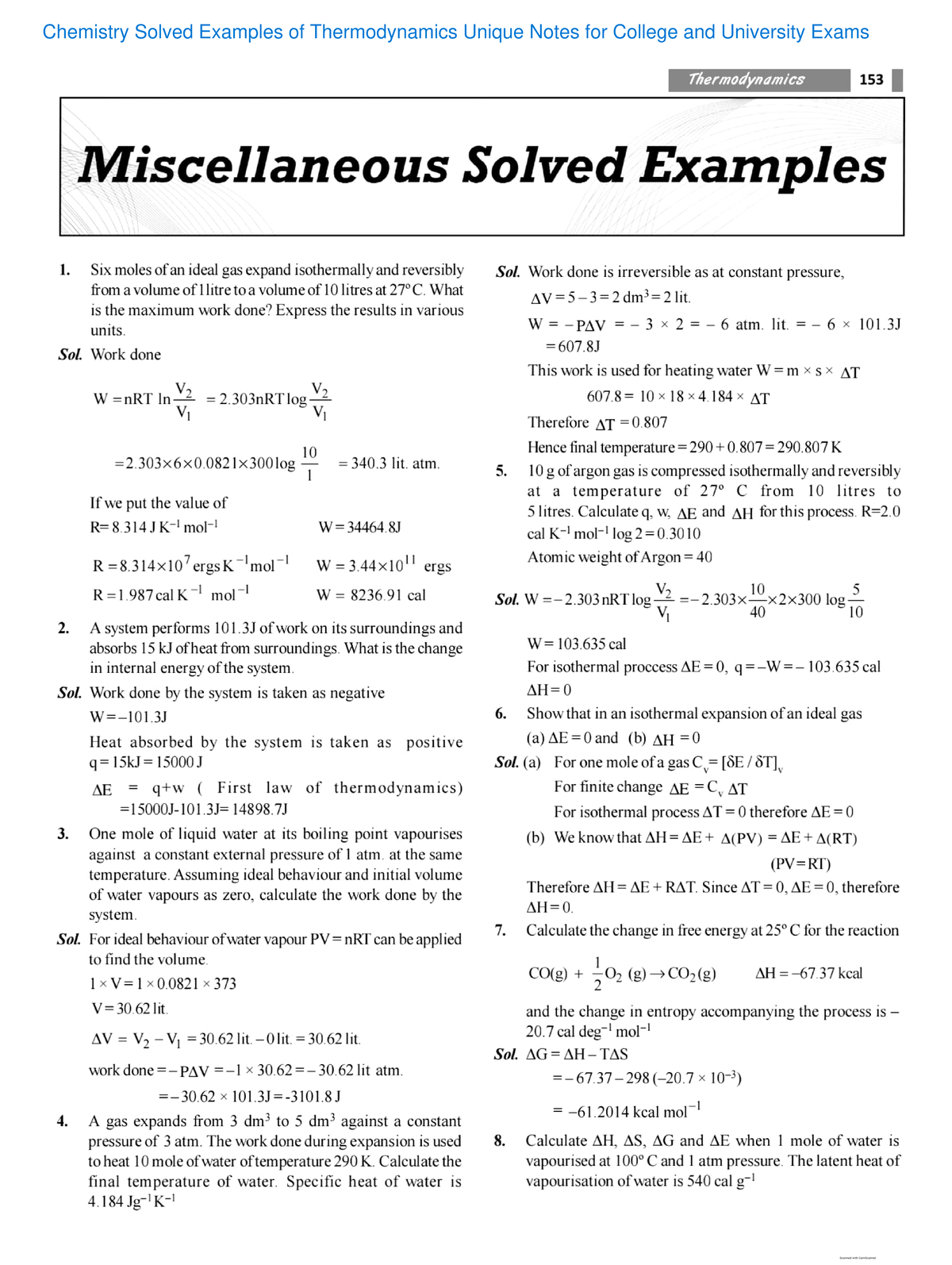 Chemistry Solved Examples of Thermodynamics Notes for College ...