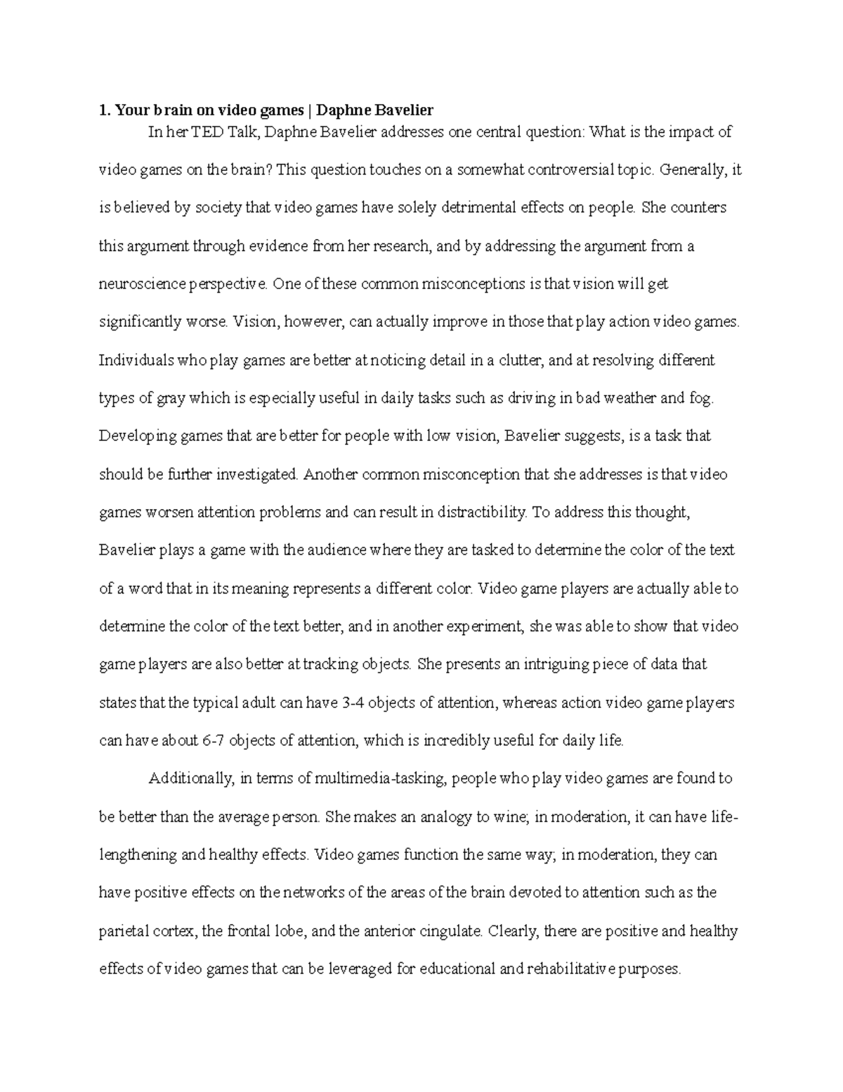 Extra Credit-TEDTalk Summaries - Your brain on video games | Daphne ...