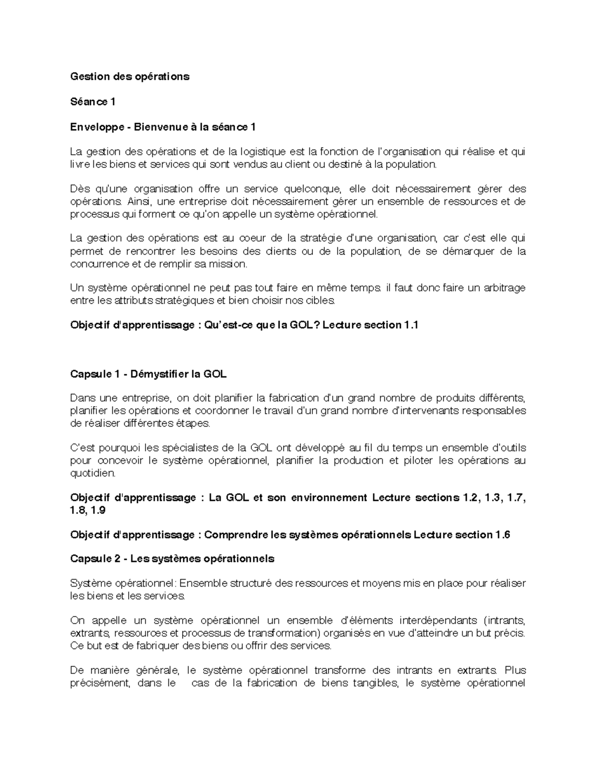 Notes - Gestion des opérations - Gestion des opérations Séance 1 ...