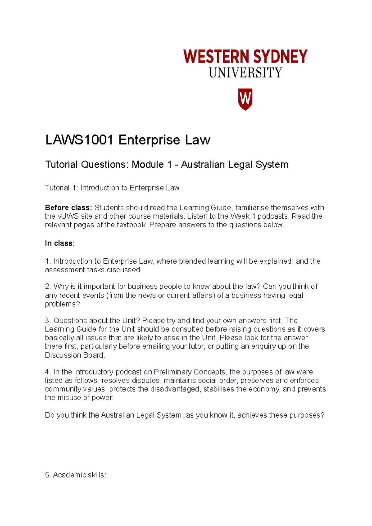 Tutorial 1(1) - notes - LAWS1001 Enterprise Law Tutorial Questions ...