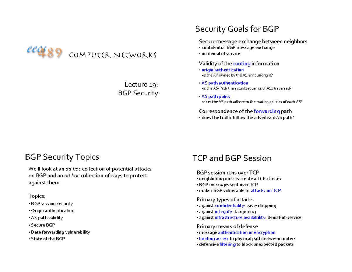 Lecture notes, lecture 19 Computer Networks - Security Goals for BGP ...