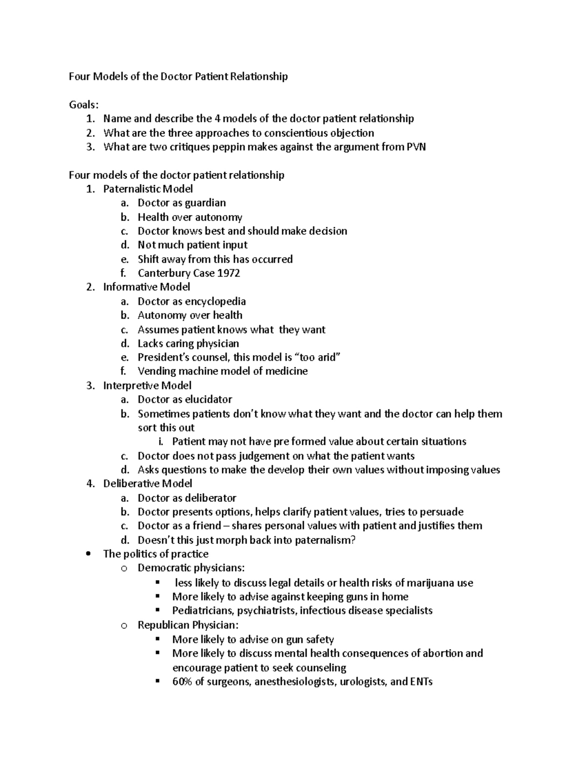 Four Models of the Doctor Patient Relationship - Name and describe the ...