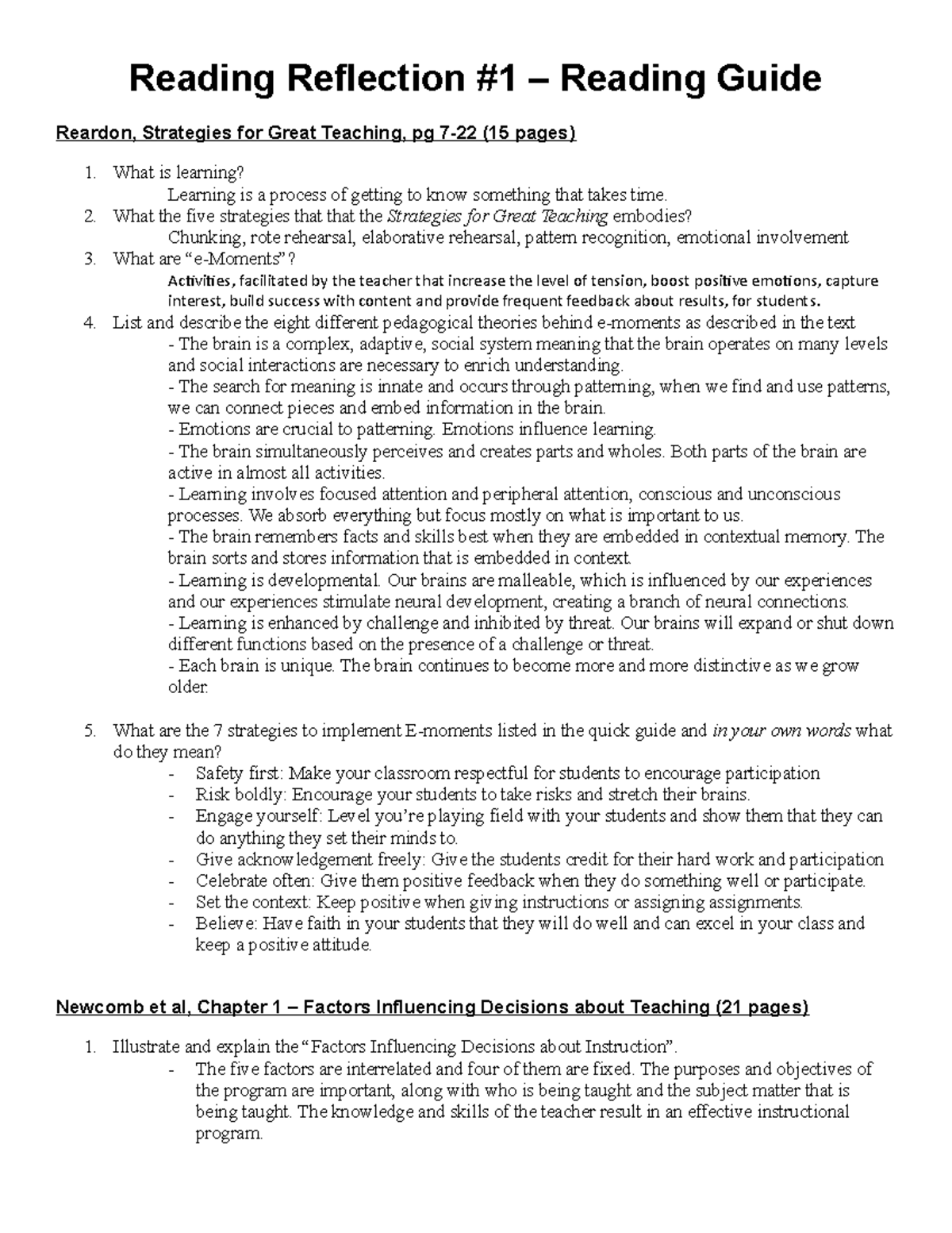 Reading Guide #1 - Dr. Lambert - Reading Reflection #1 – Reading Guide ...