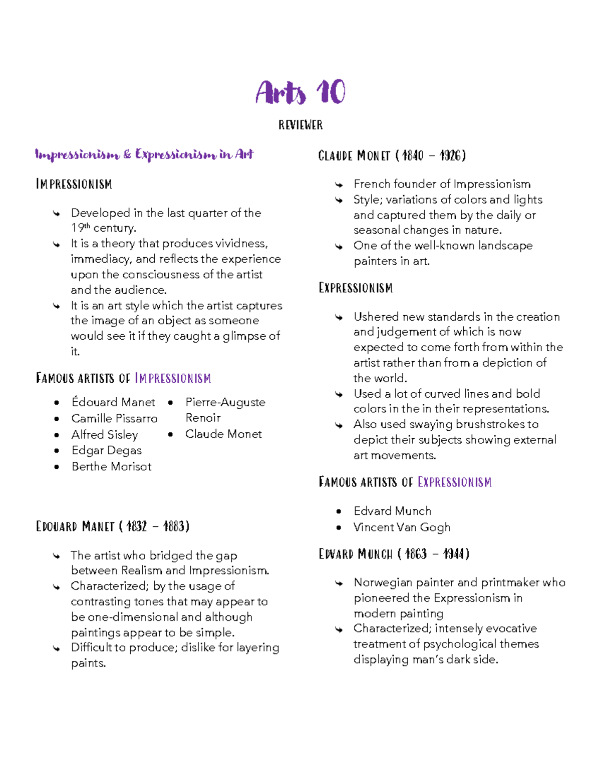 3Q ART Reviewer - • Pierre-Auguste Renoir • Claude Monet Arts 10 REVIEWER Impressionism & - Studocu