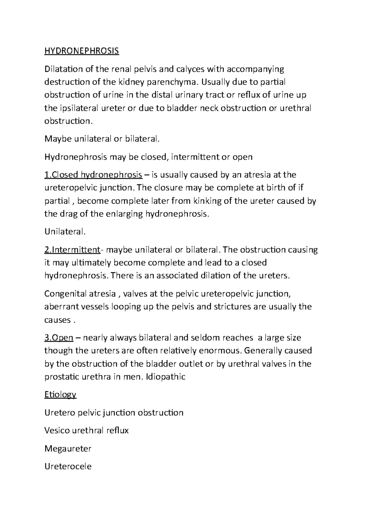 Hydronephrosis - HYDRONEPHROSIS Dilatation of the renal pelvis and ...