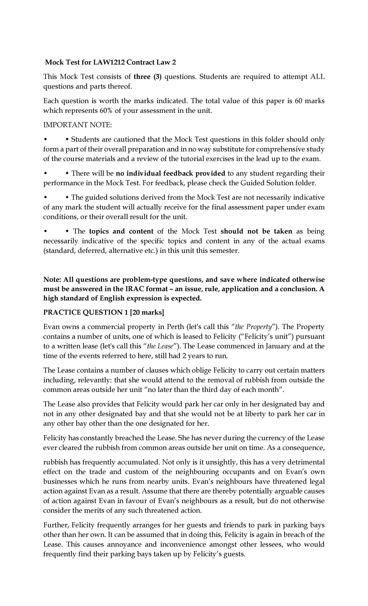 Mock Exam Question-Contract 2 - Mock Test for LAW1212 Contract Law 2 ...