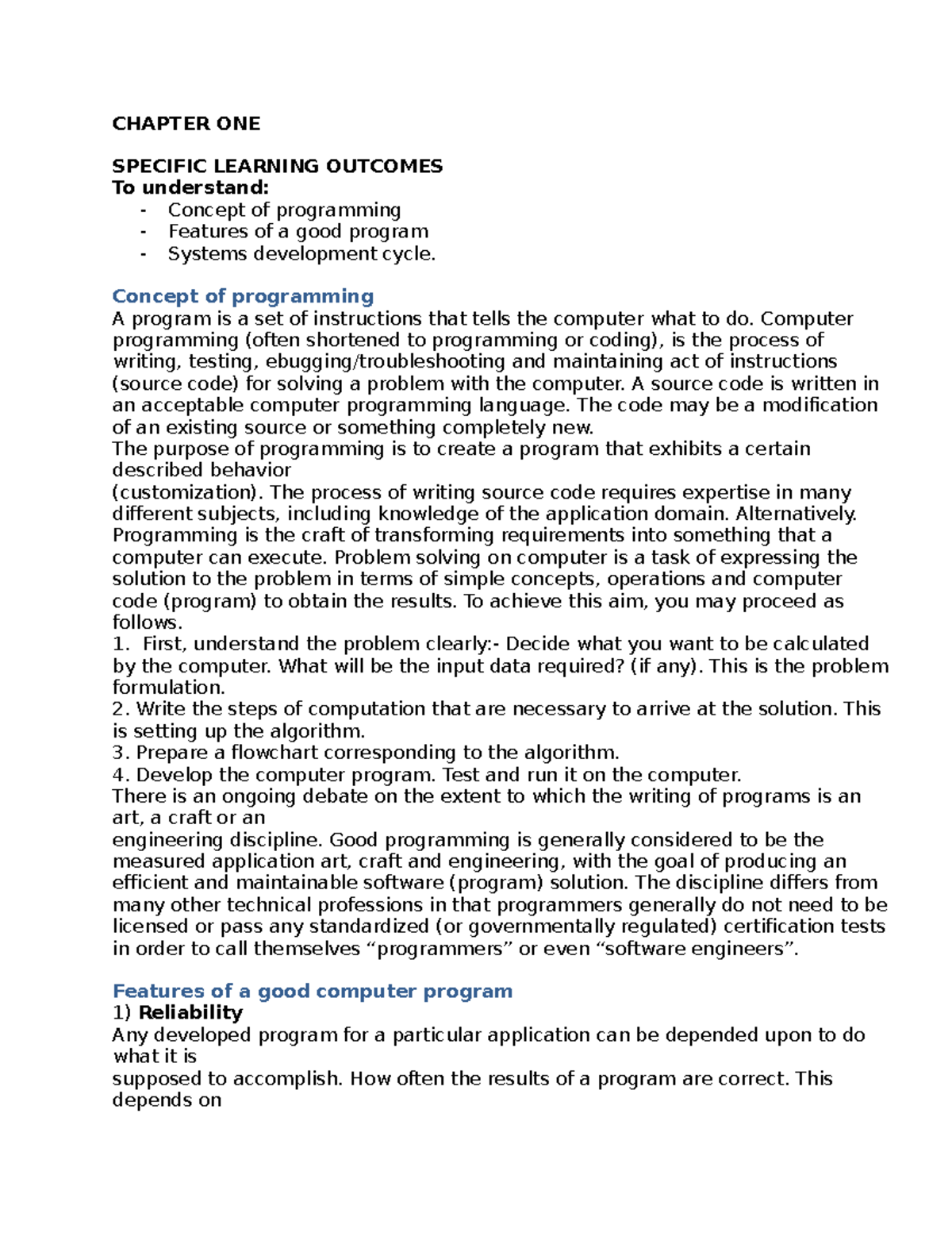 Introduction TO Programming - CHAPTER ONE SPECIFIC LEARNING OUTCOMES To understand: - Concept of ...