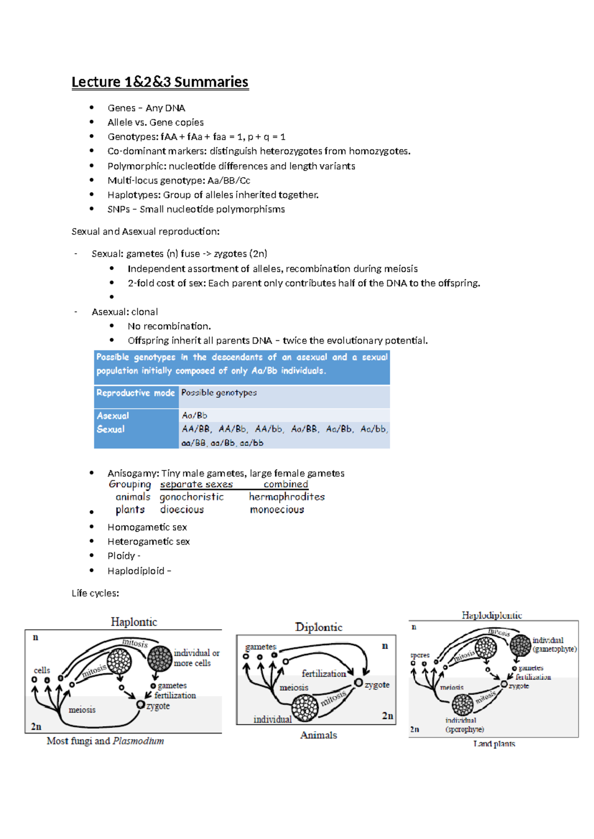 Lecture 1,2,3 Summary - Lecture 1&2&3 Summaries Genes – Any DNA Allele vs. Gene copies - Studocu