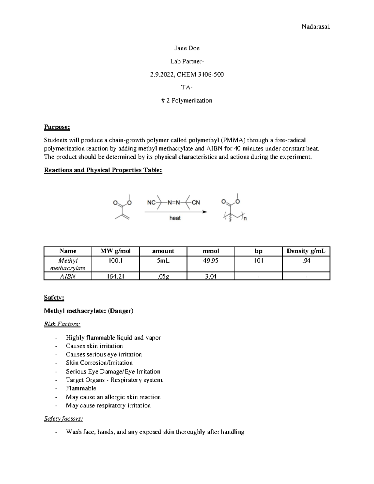 Lab 2 Pre final - exp lab report 2 - Nadarasa 1 Jane Doe Lab Partner- 2.9, CHEM 3106- TA- 2 ...