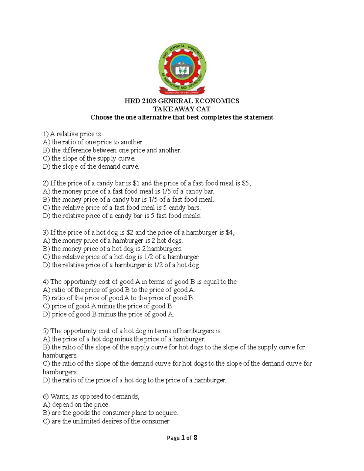 General Economics TAKE AWAY CAT - HRD 2103 GENERAL ECONOMICS TAKE AWAY ...