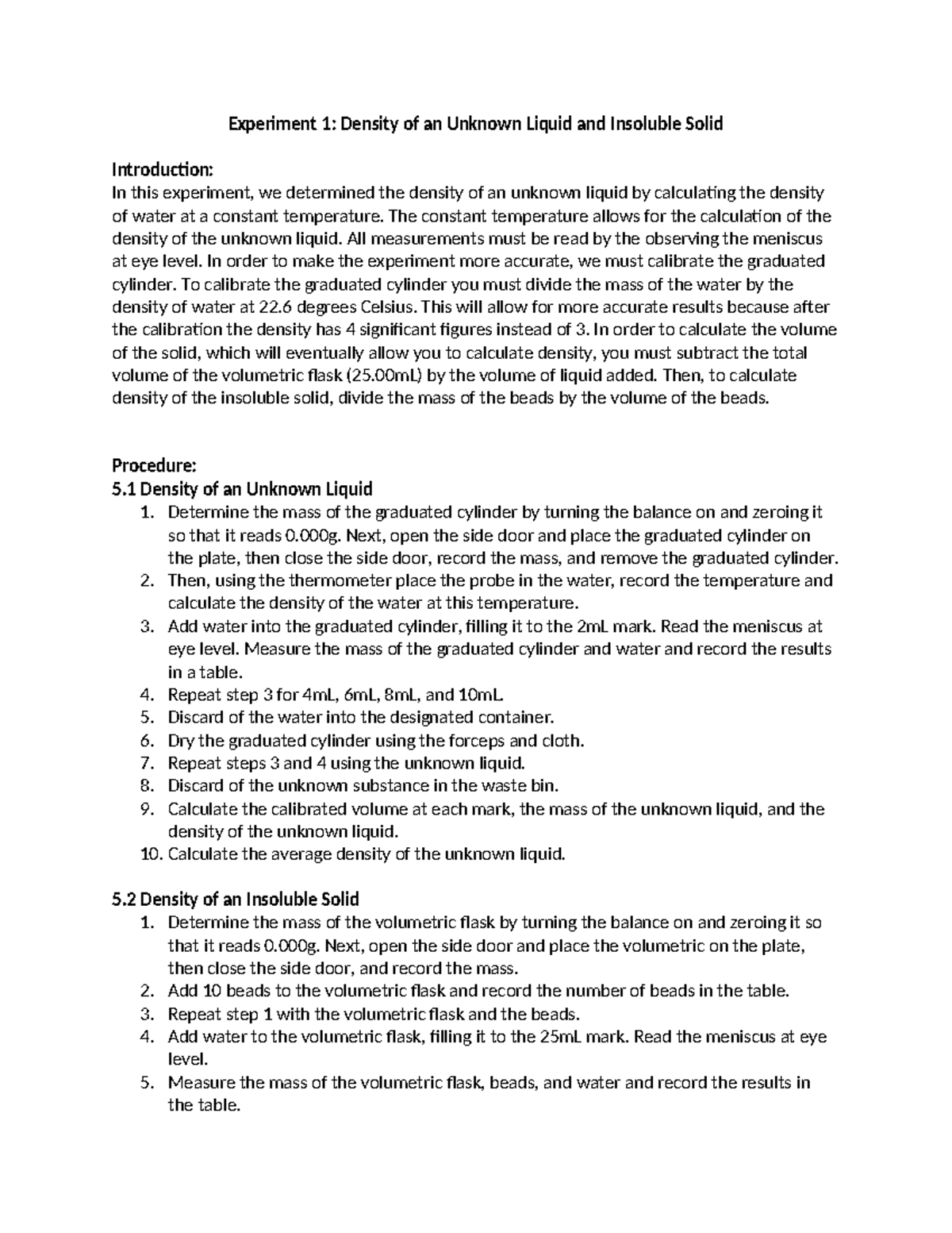 Experiment 1-Density of an Unknown Liquid and Insoluble Solid - The ...