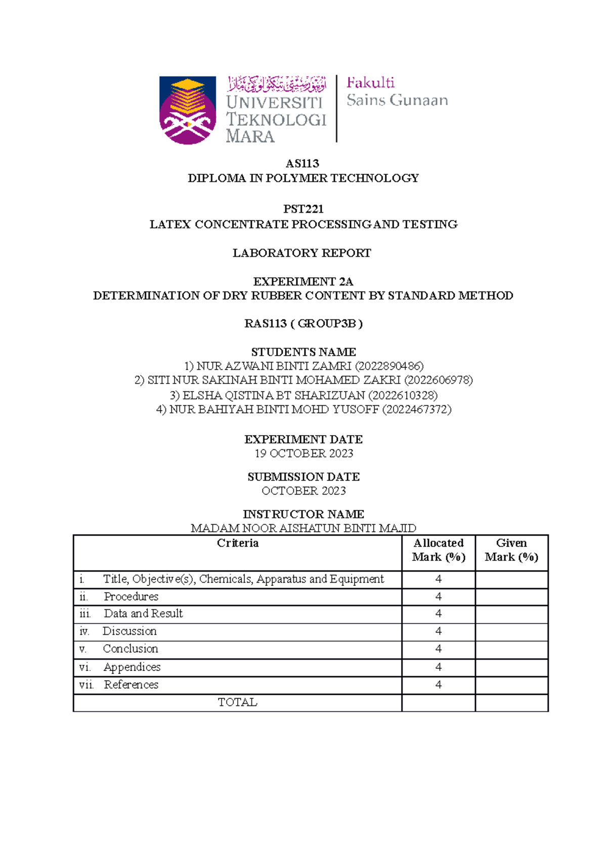PST 221 EXP 2A - lab report - AS DIPLOMA IN POLYMER TECHNOLOGY PST ...