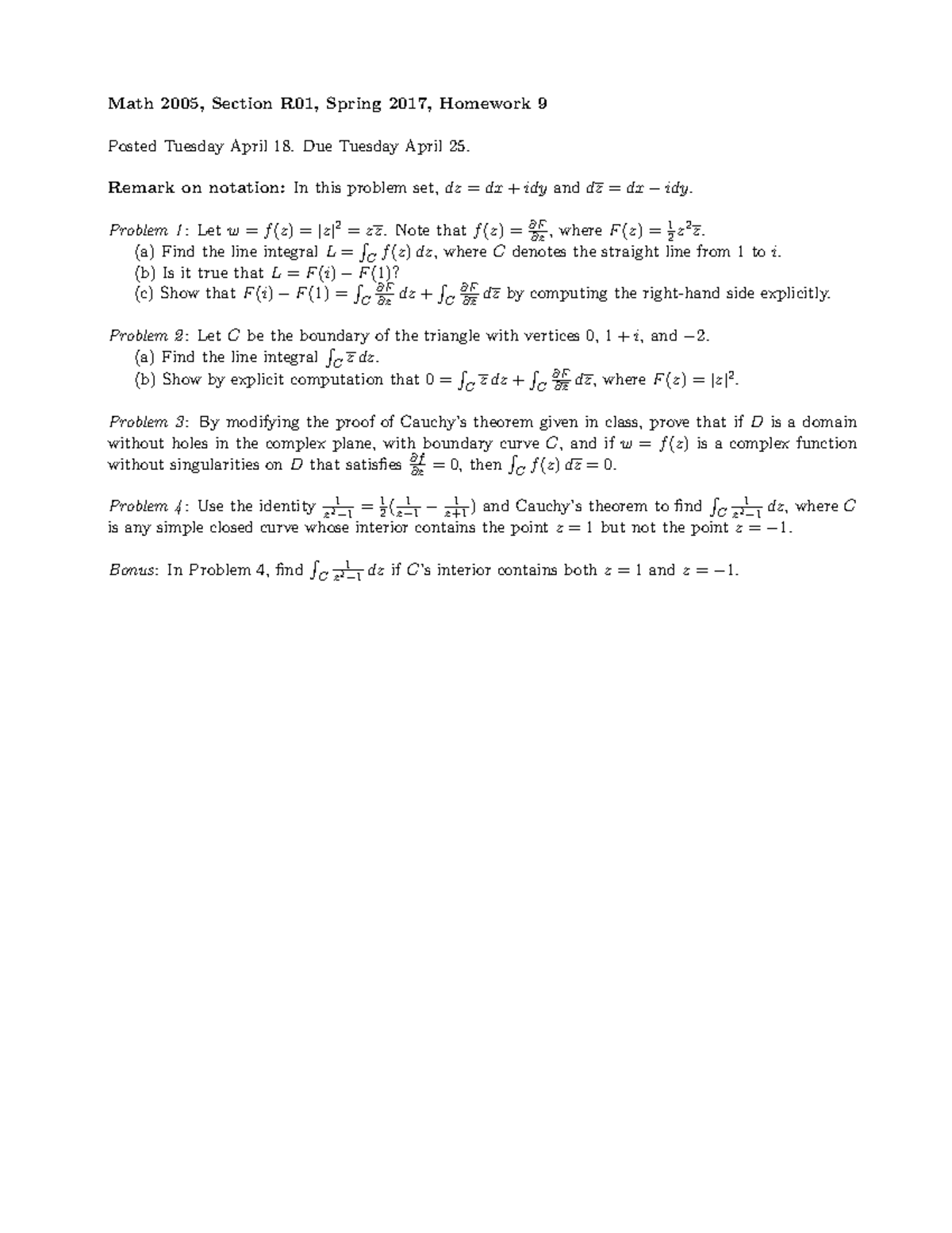 Hw9 Q A Homework Assignment 9 Math 2005 Section R01 Spring 2017 Homework 9 Posted