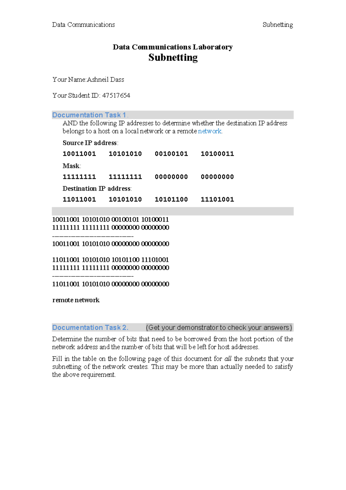 Practical - Subnetting - Documentation Template - Data Communications Laboratory Subnetting Your ...