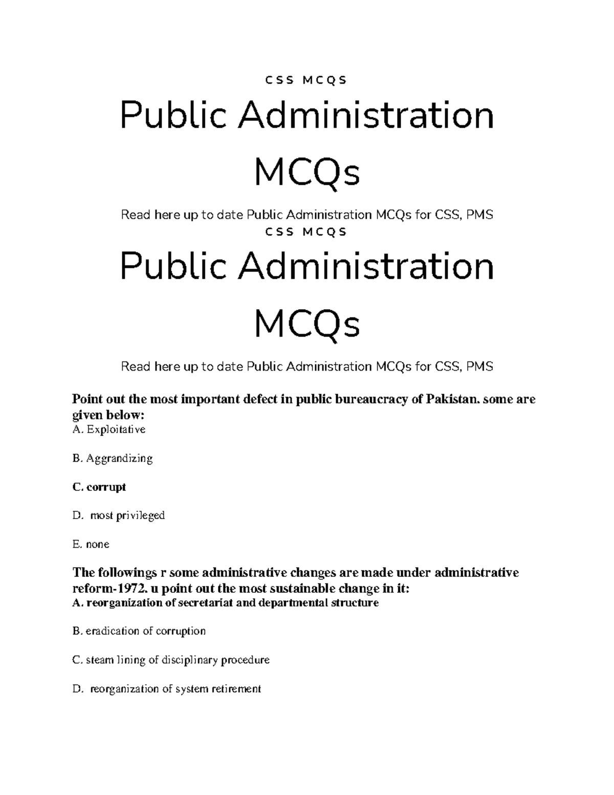 CSS PA Mcqs - C S S M C Q S Public Administration MCQs Read here up to date Public ...