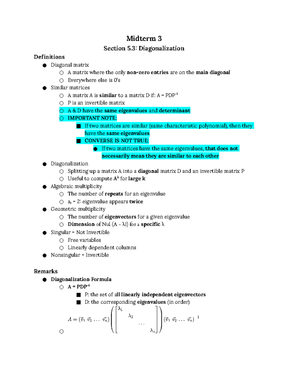 Midterm 3 Study Guide - Midterm 3 Section 5: Diagonalization Definitions Diagonal matrix A - Studocu