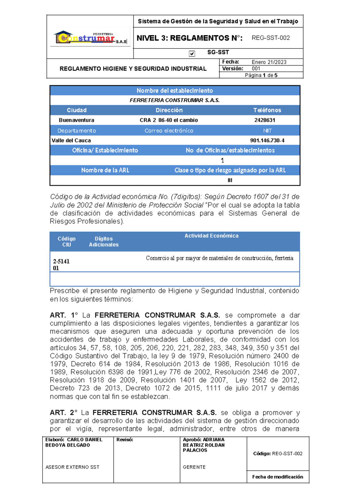 REG-SST-002 Reglamento de Higiene y Seguridad Industrial Construmar ...