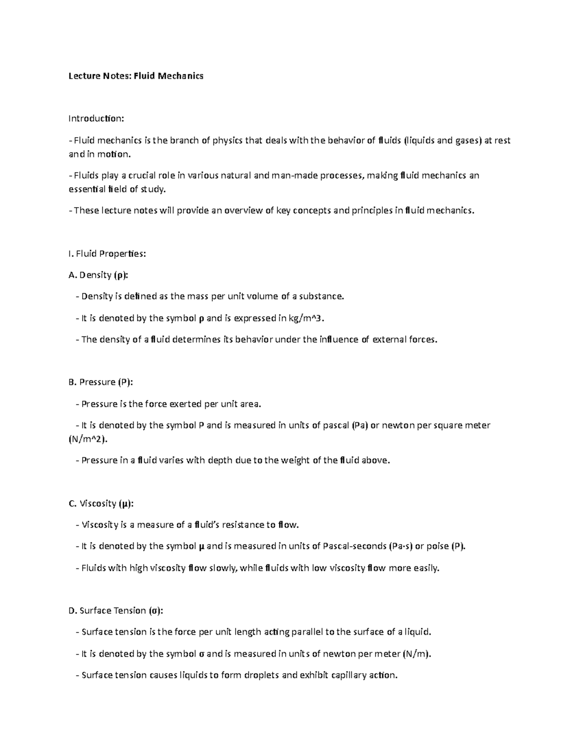 Lecture Notes: Fluid Mechanics - Lecture Notes: Fluid Mechanics ...