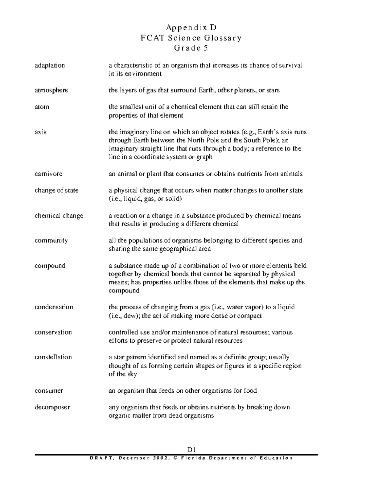 5-10 Vocabulary - spelling - FCAT Science Glossary Grade 5 adaptation a ...