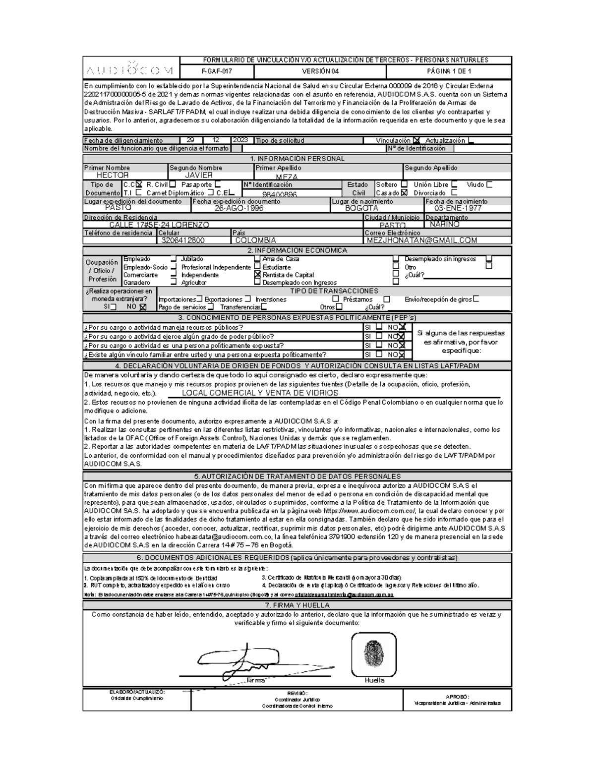 F-GAF-017, Formulario de Vinculación y o Actualización de Terceros ...