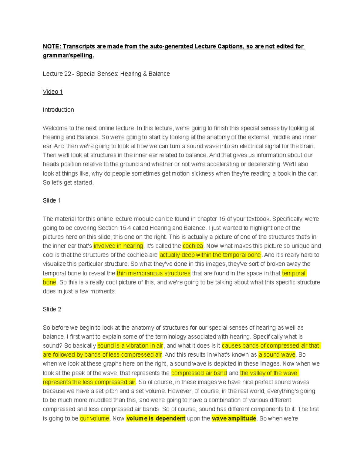 Lecture 22 - Special Senses- Hearing and Balance - NOTE: Transcripts ...