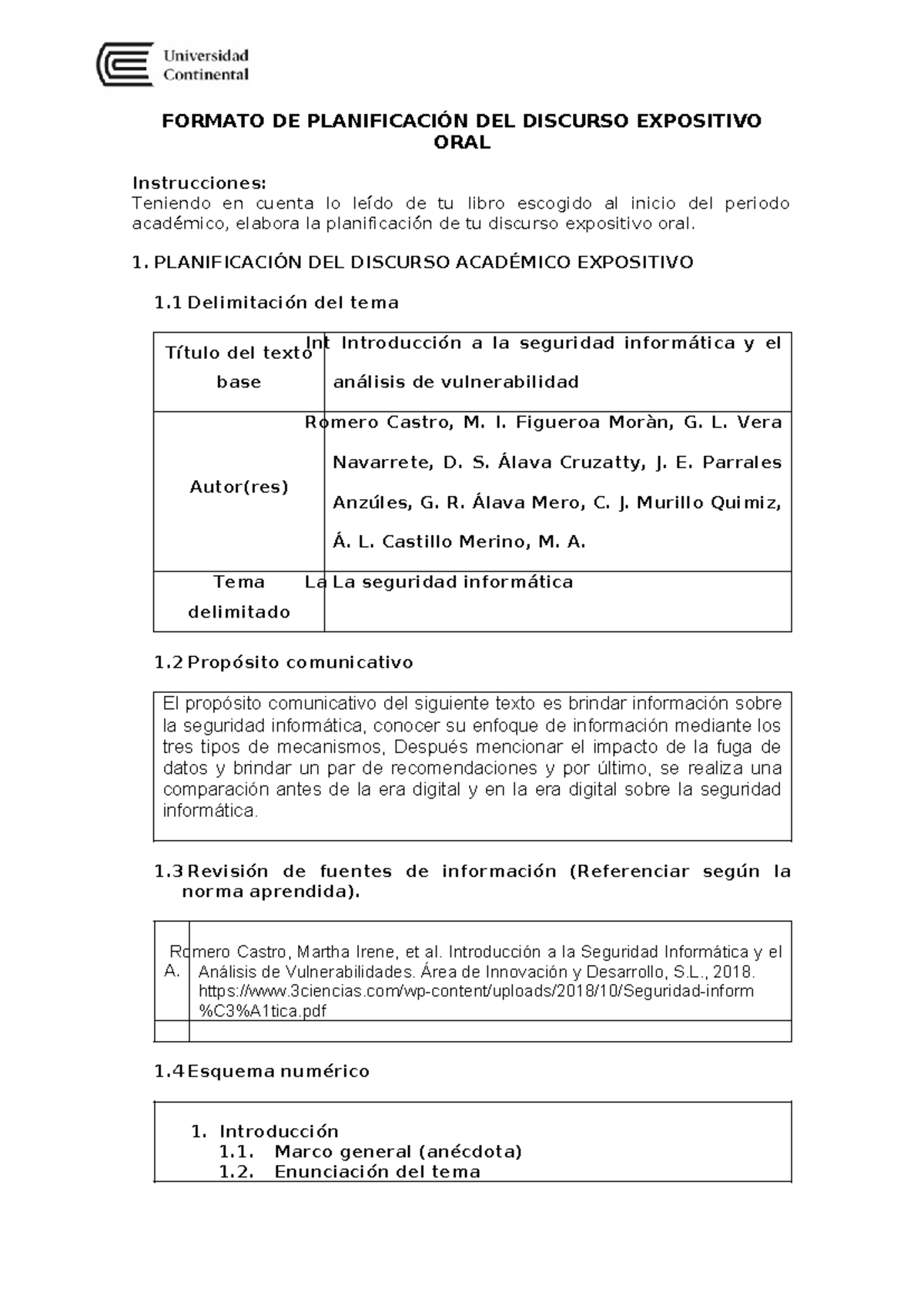 Formato DE Planificación DEL Discurso Expositivo ORAL - FORMATO DE ...