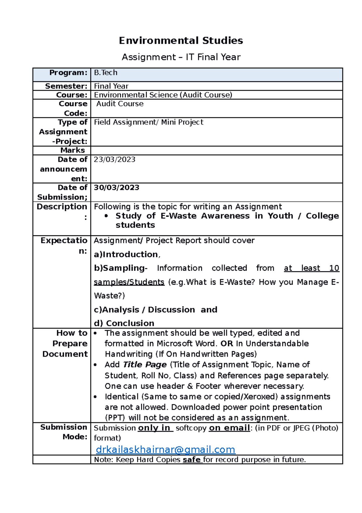 Assignment -Mini Project- IT-Final Year-Envt Studies - Environmental Studies Assignment – IT ...
