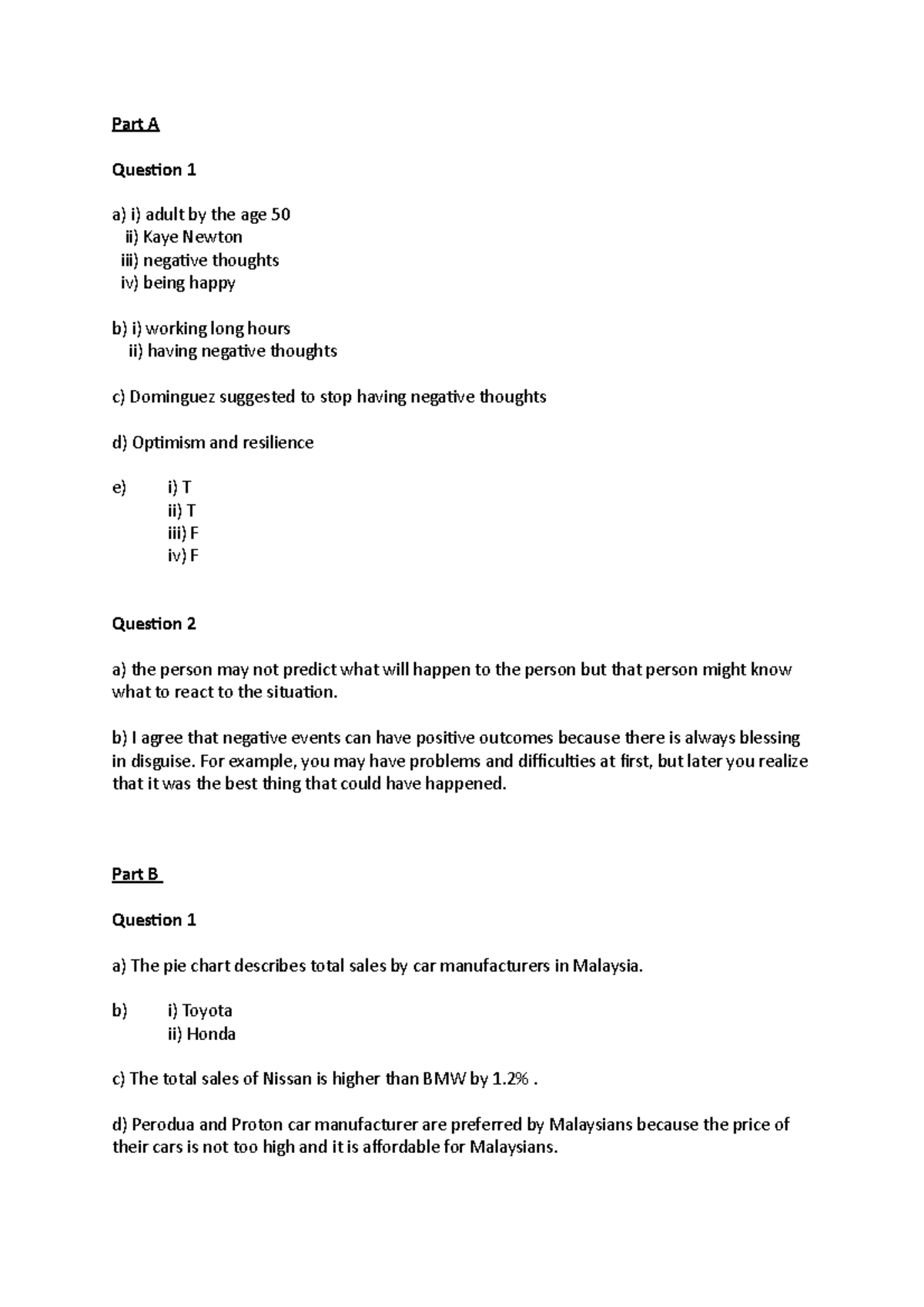 Reading TEST - Part A Question 1 a) i) adult by the age 50 ii) Kaye ...