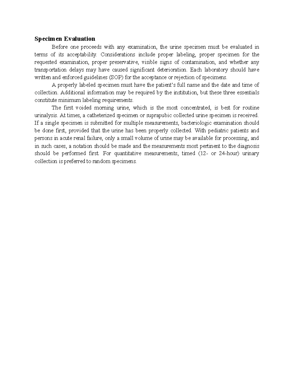 Specimen Evaluation - Biochem - Studocu