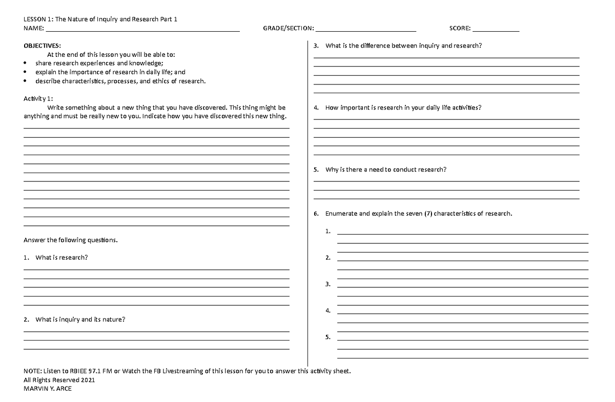 Practical Research Learning Activity Sheet - LESSON 1: The Nature of ...