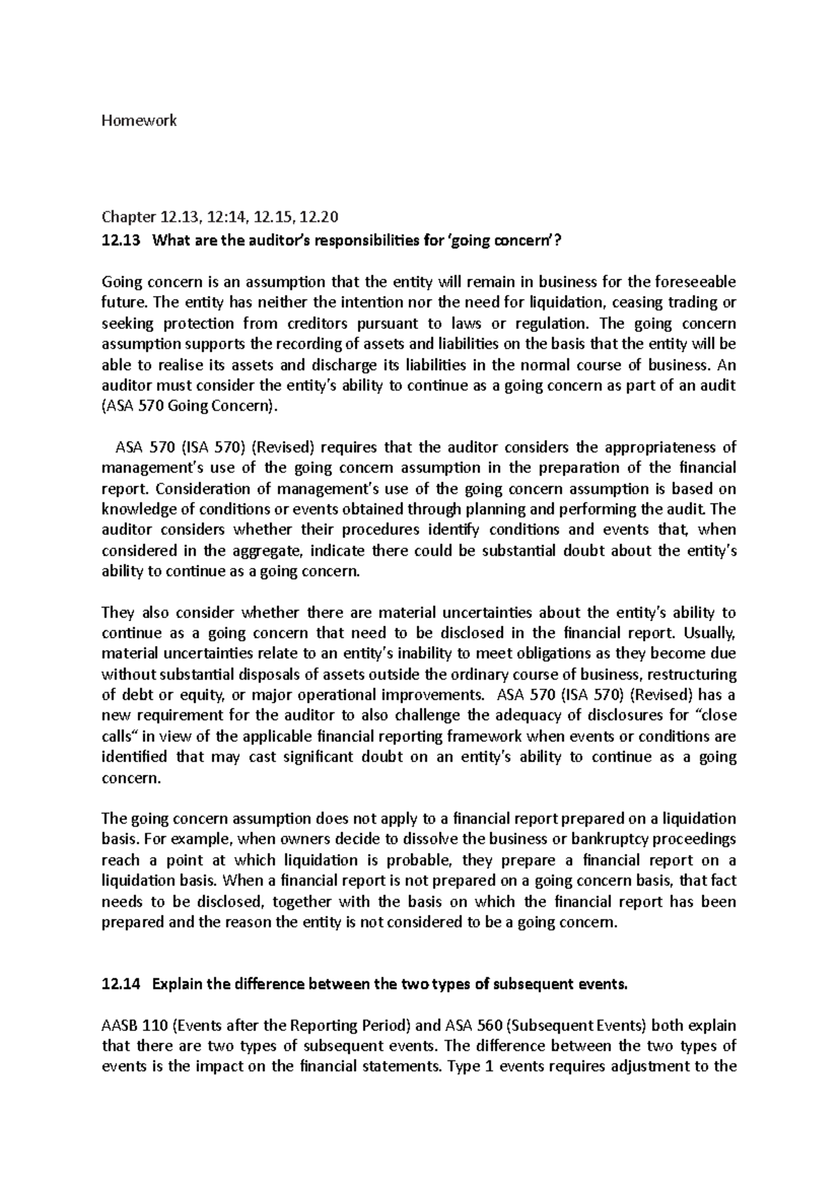 Homework Chapter 12 - Assignment - Homework Chapter 12, 12:14, 12, 12. 12 What are the auditor’s ...