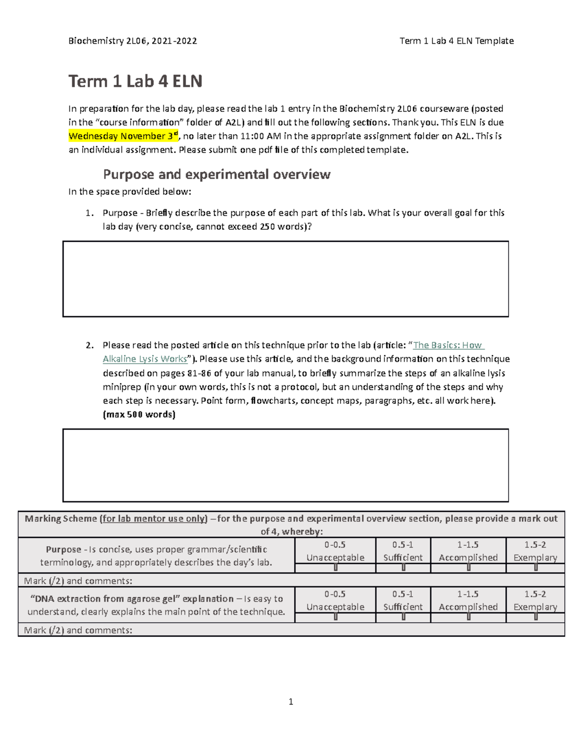 Term 1 Lab 4 ELN template - Biochemistry 2L06, 2021-2022 Term 1 Lab 4 ...
