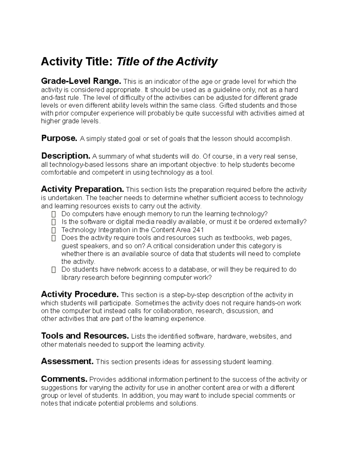 Activity Title - This is an indicator of the age or grade level for ...